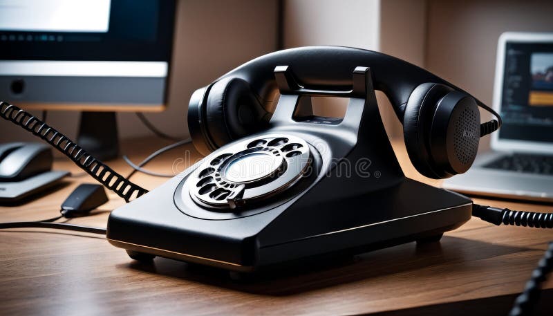 Vintage Black Rotary Telephone on Desk Stock Photo - Image of desktop ...