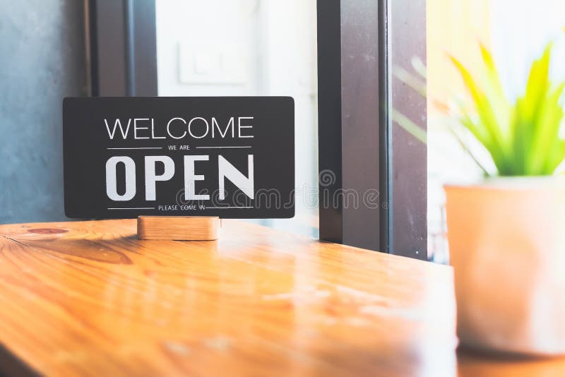 Vintage Black Sign "Come in we Re Open Please Come in" in Cafe Stock ...