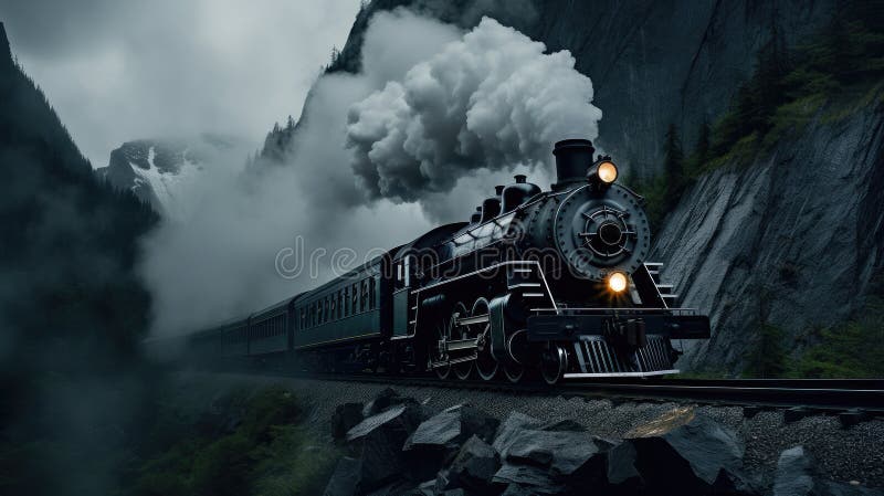 A Vintage Black Train Emitting White Smoke with a Backdrop of Mountains ...
