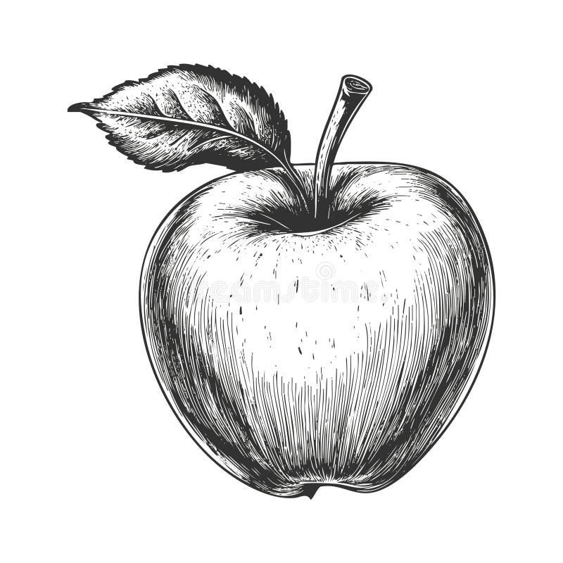 Vintage Black and White Apple Illustration with Leaf Detail. Stock ...
