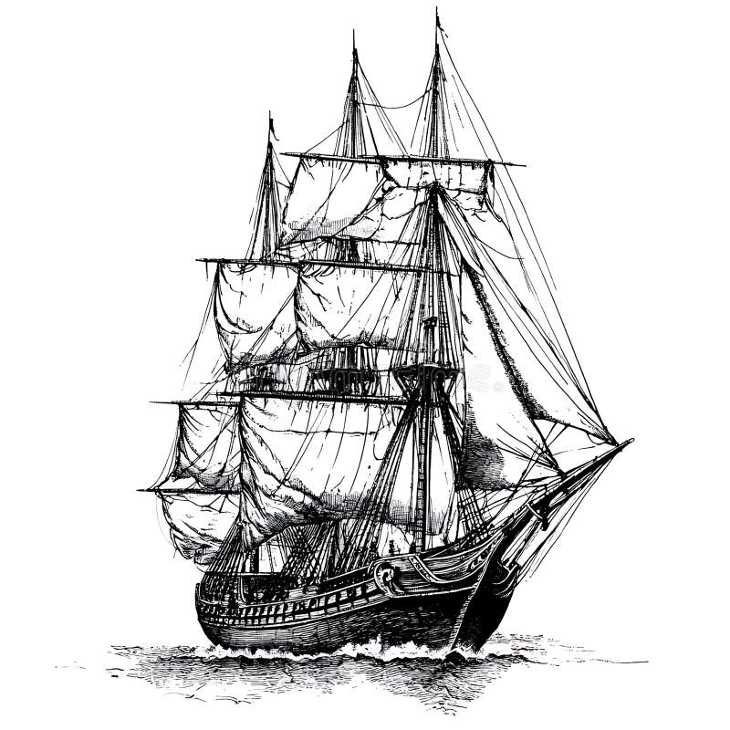 Vintage Black and White Drawing of a Sailing Ship Ink Sketch Stock ...