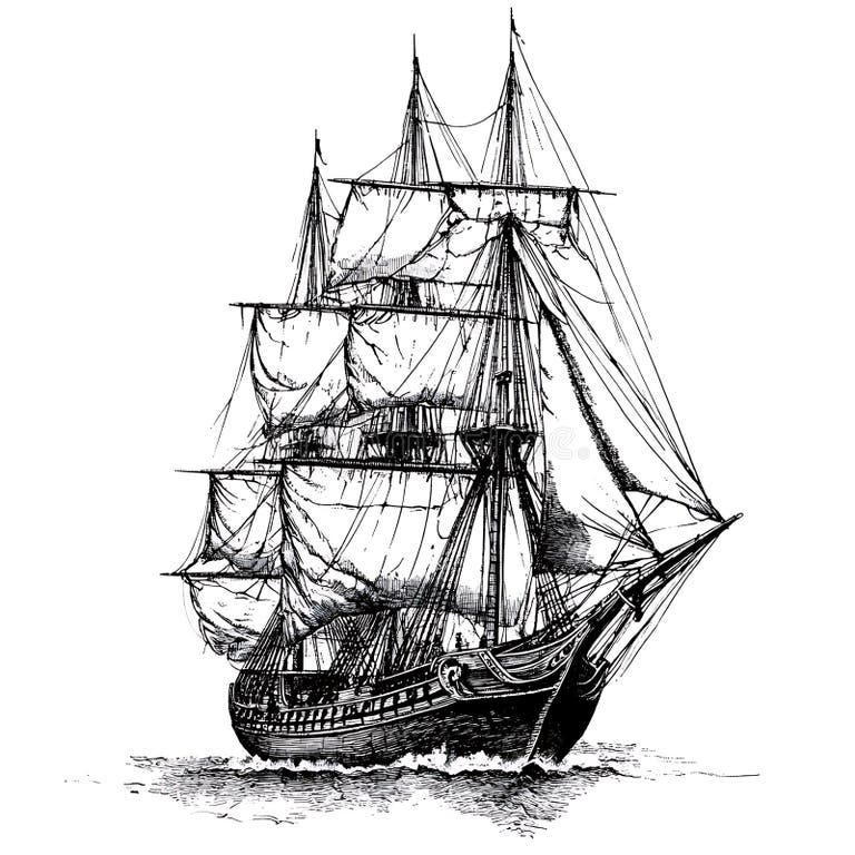 Vintage Black and White Drawing of a Sailing Ship Ink Sketch Stock ...