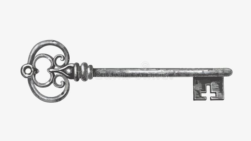 Vintage Black and White Engraving of an Old Key on White Background ...