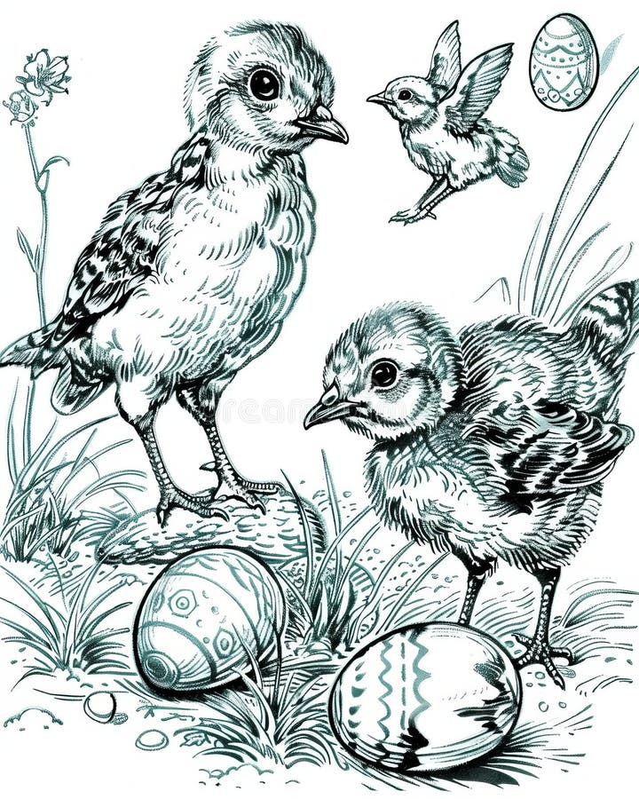 Vintage Black and White Etching Illustration of Chicks and Easter Eggs on White Canvas Stock ...