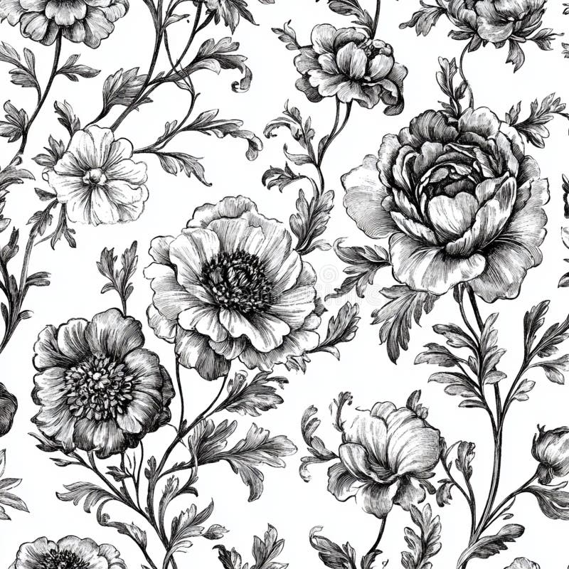 Vintage Black and White Floral Seamless Pattern Stock Image - Image of ...