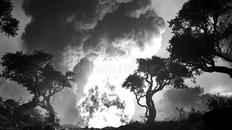 Vintage Black-and-white Nuclear Explosion with Bending Trees Stock ...