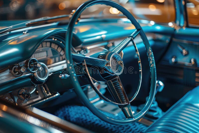 Vintage Blue Car Interior and Steering Wheel Stock Illustration ...
