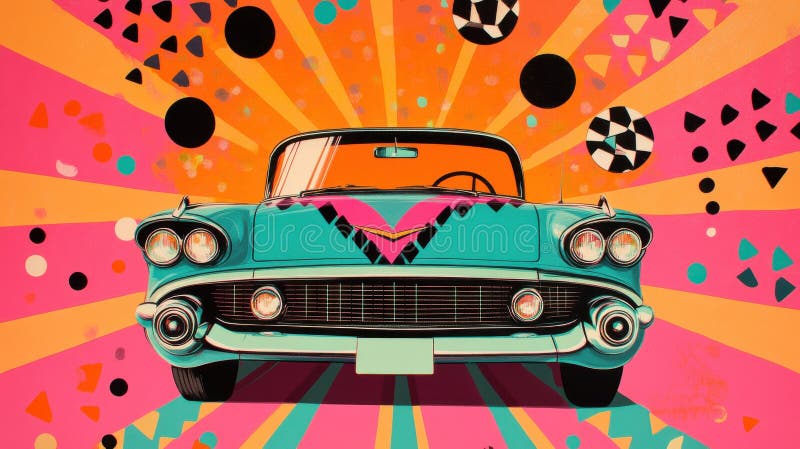 Vintage Blue Car Surrounded by Geometric Patterns and Vibrant Colors ...