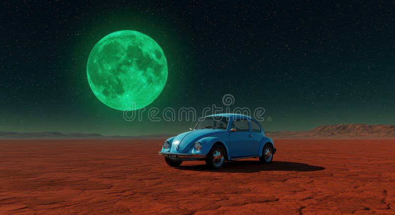 Vintage Blue Car Under Glowing Green Moon in Desert Nightscape Stock ...