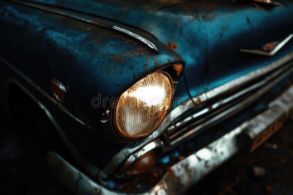 Vintage Blue Classic Car with Rust and Headlight on Stock Photo - Image ...