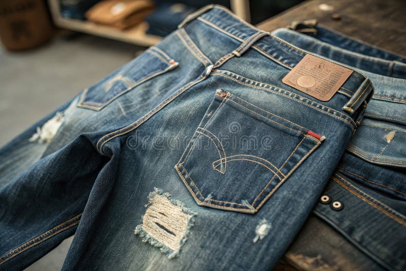 Vintage Blue Denims with Distressed Details on Rustic Wooden Surface ...