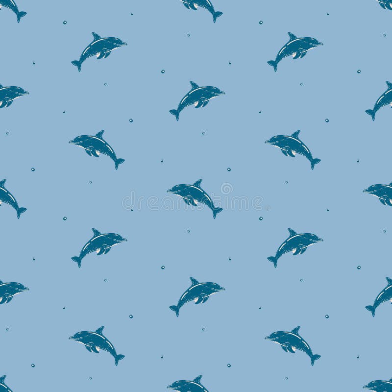 Vintage Blue Dolphins on Light Blue Ocean Pattern. Hand-drawn Dolphins ...