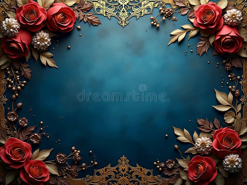 Vintage Blue and Gold Background with Red Roses Border Stock ...