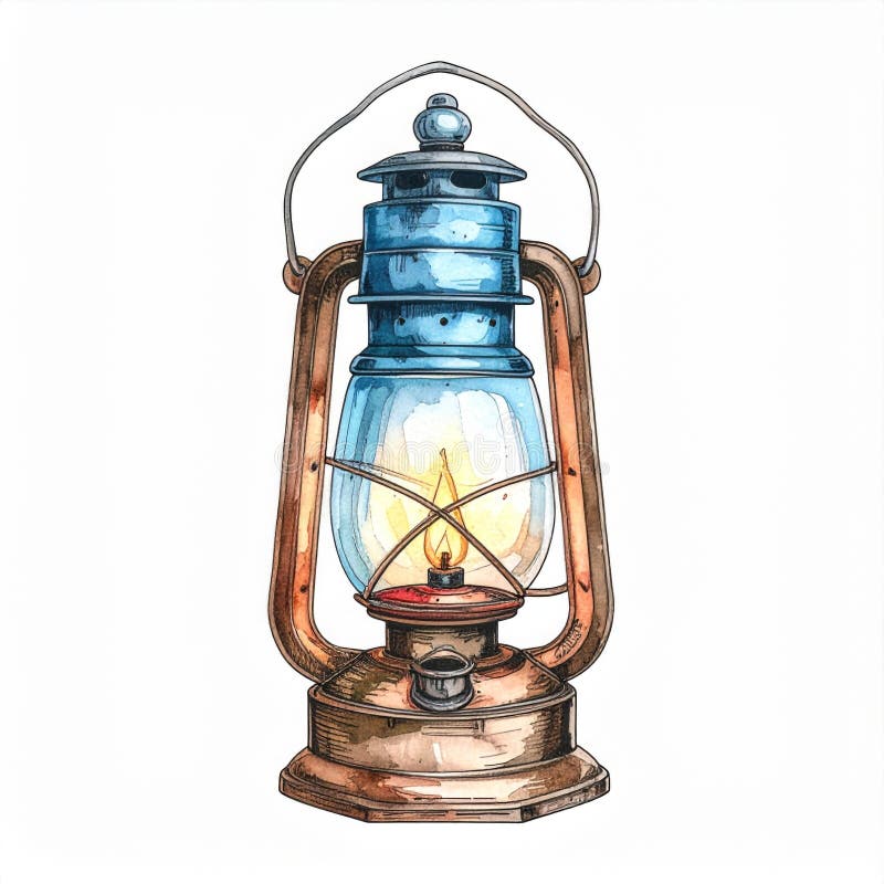 Vintage Blue Oil Lantern with Glowing Flame Stock Illustration ...