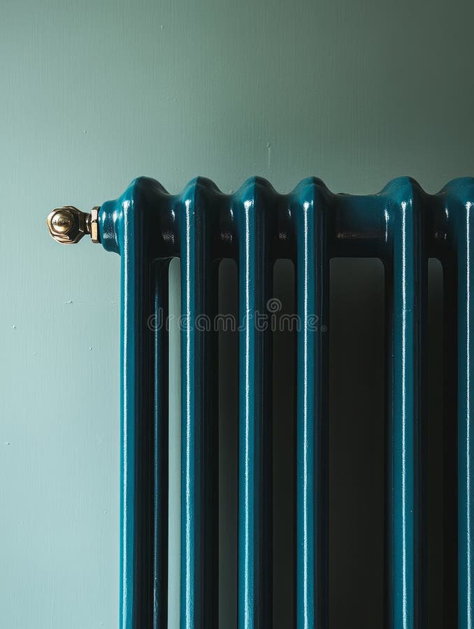 Vintage Blue Radiator Against a Green Wall for Home Decor. Stock Image ...