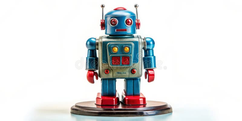 Vintage Blue and Red Tin Robot Toy on Display Stand. Generative AI ...