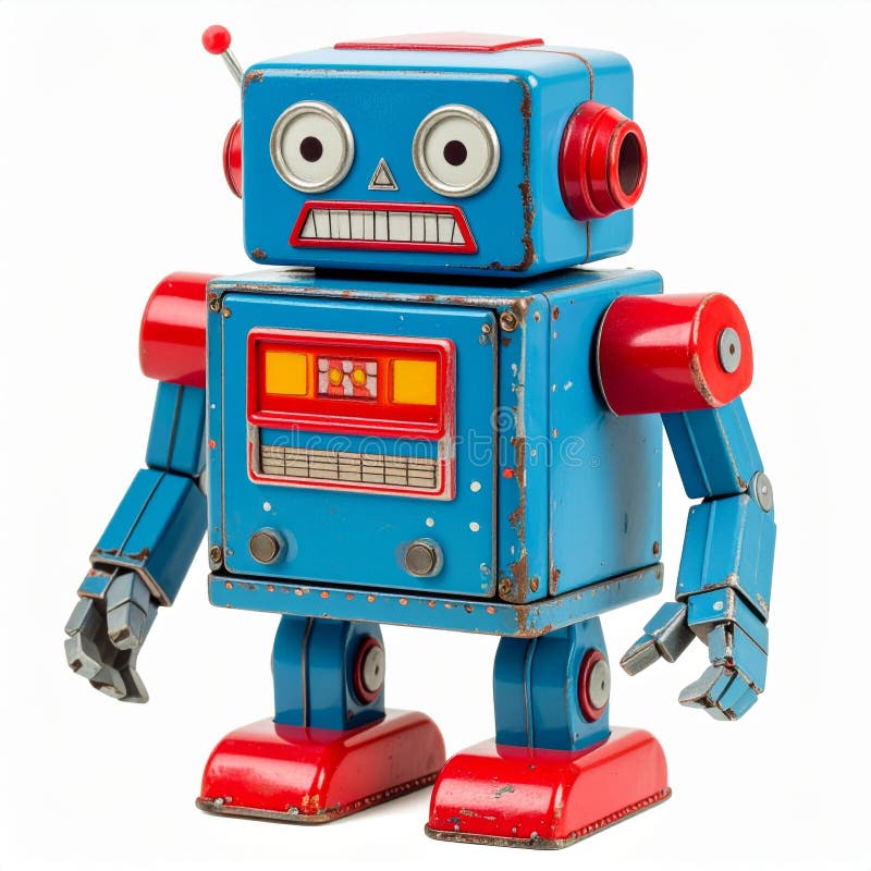 Vintage Blue and Red Tin Robot Toy on White Background Stock ...