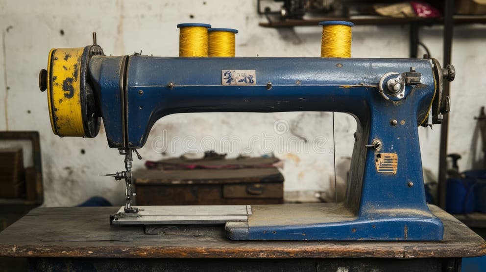 Vintage Blue Sewing Machine with Yellow Thread. Tailoring Machine for ...