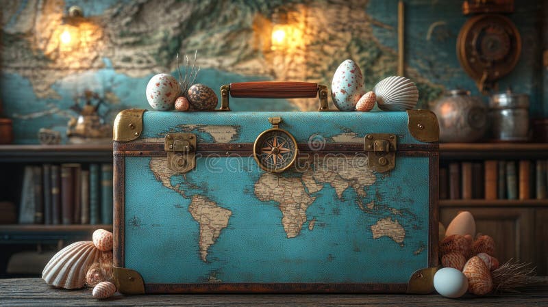 Vintage Blue Suitcase with World Map, Seashells, and Compass in ...