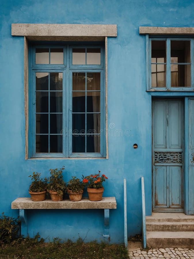 Vintage Blue Theme House with Square Windows Portrait Ai Generated ...