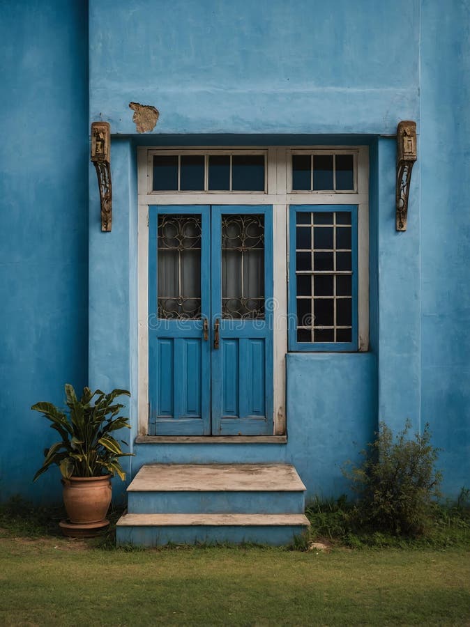 Vintage Blue Theme House with Square Windows Portrait Ai Generated Stock Illustration ...