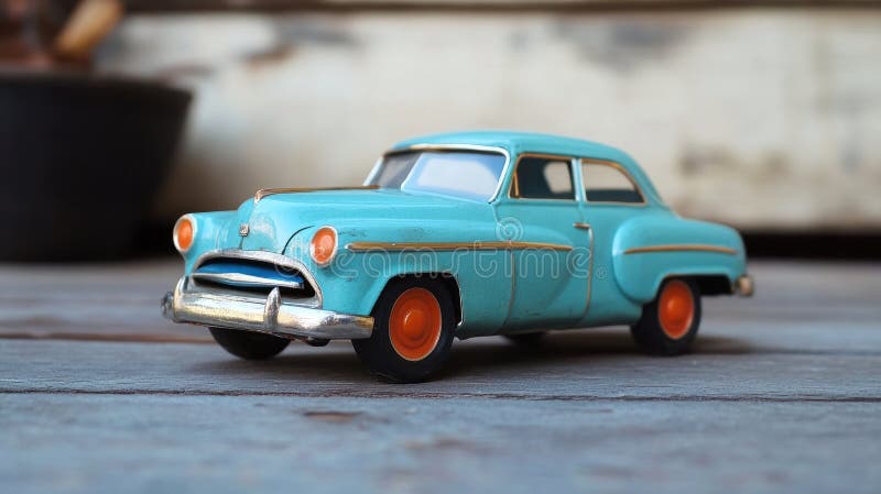 Vintage Turquoise Toy Car on Wooden Surface Stock Illustration ...