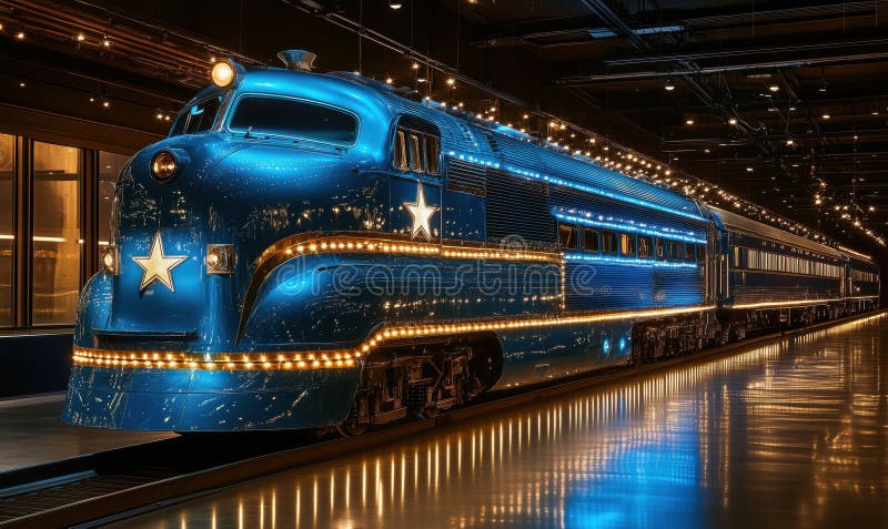 Vintage Blue Train with Star Design Illuminated in Modern Exhibition ...