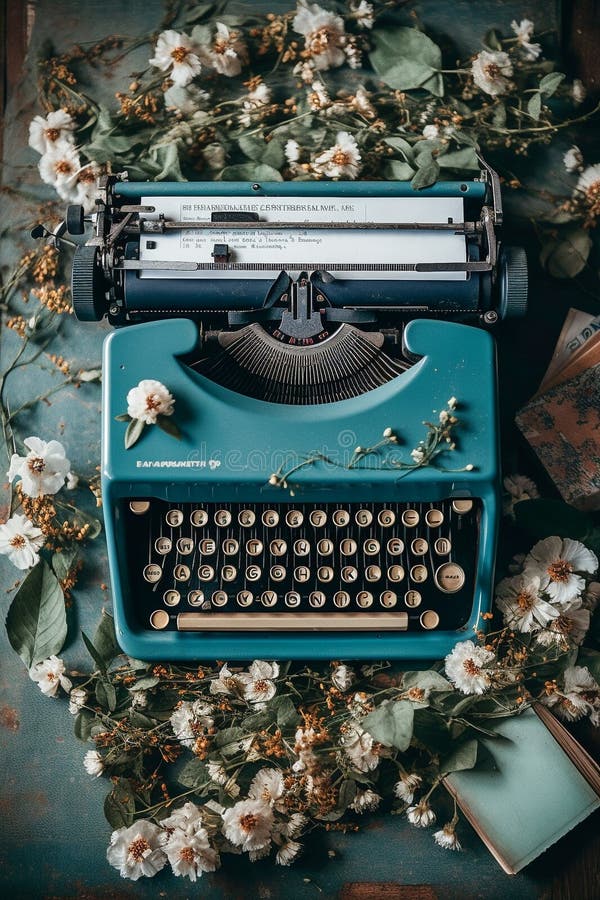 Vintage Blue Typewriter from Above Surrounded by Fresh Flowers Stock ...