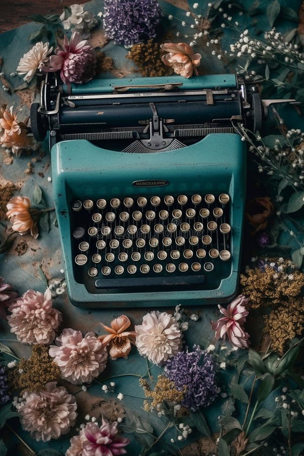 Vintage Blue Typewriter from Above Surrounded by Fresh Flowers Stock ...
