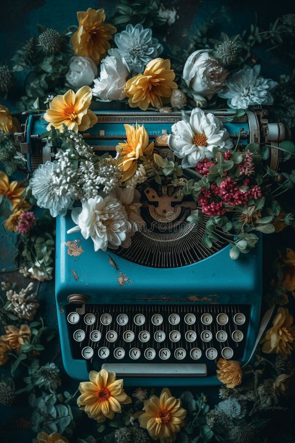 Vintage Blue Typewriter from Above Surrounded by Fresh Flowers Stock ...