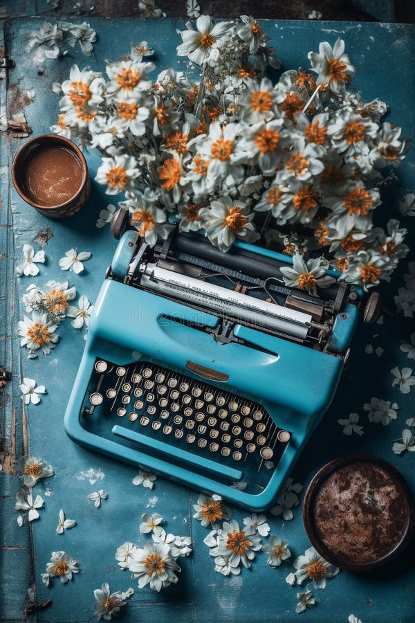 Vintage Blue Typewriter from Above Surrounded by Fresh Flowers Stock ...