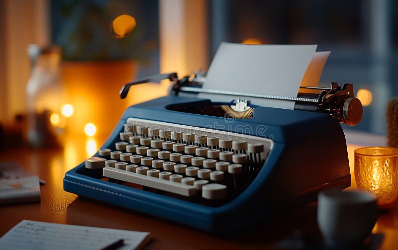 Vintage Blue Typewriter on Cozy Candlelit Desk with Papers and Warm ...