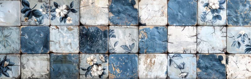 Vintage Blue and White Patchwork Stone Wall Texture with Floral Print ...