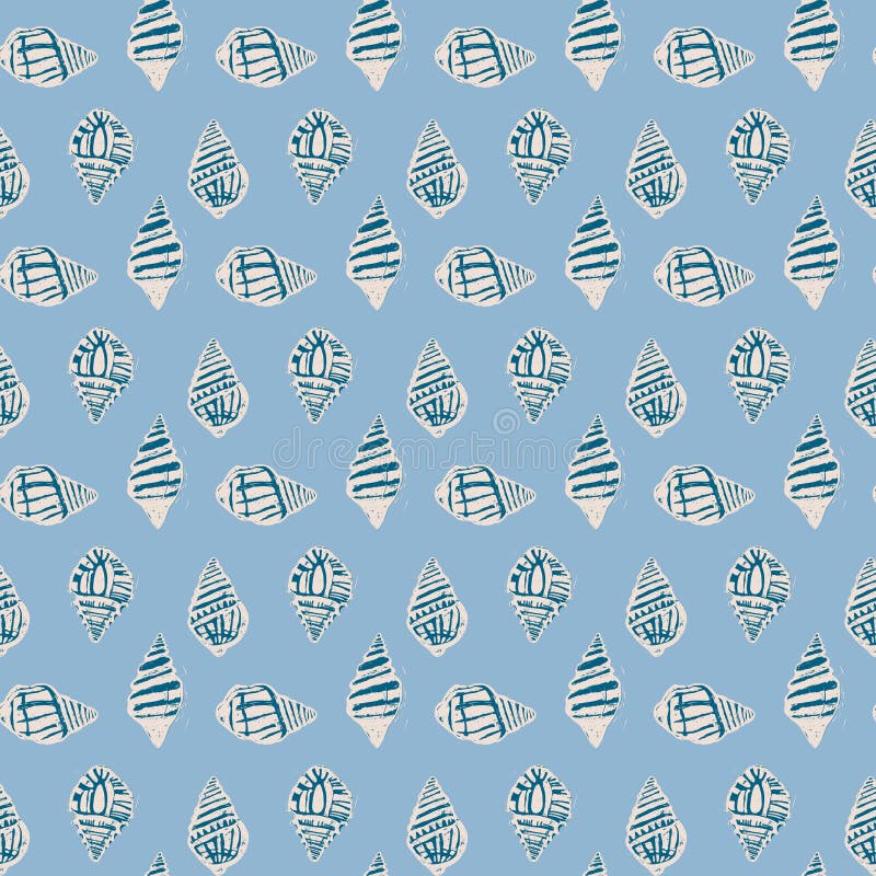 Vintage Blue and White Seashells on Light Blue Pattern. Hand-drawn Blue ...
