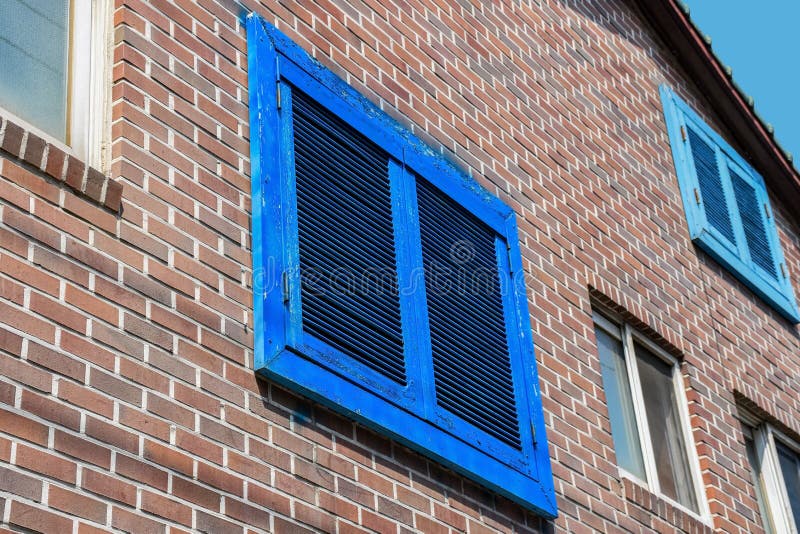 Vintage Blue Window of the Building Stock Image - Image of brick ...