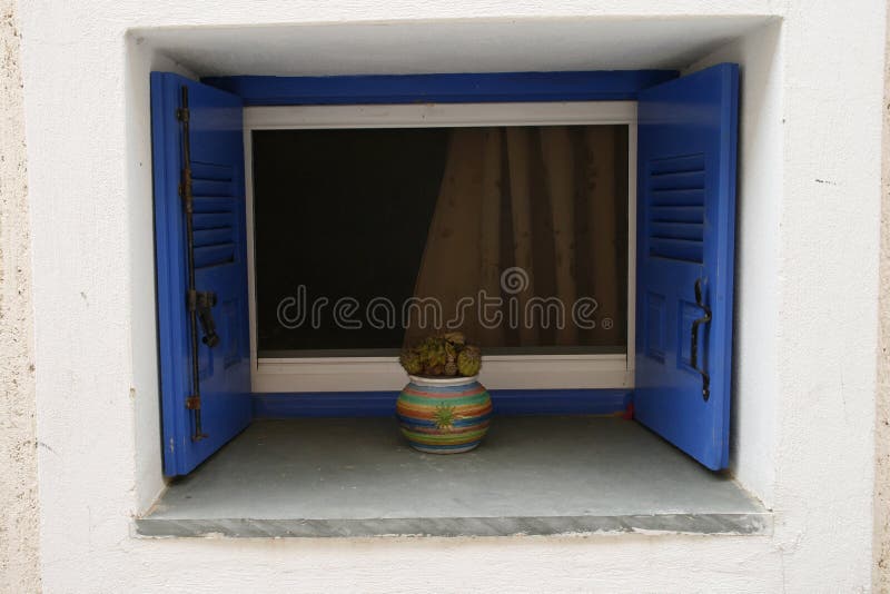 Vintage Blue Window on the White Wall. Greece Stock Image - Image of ...
