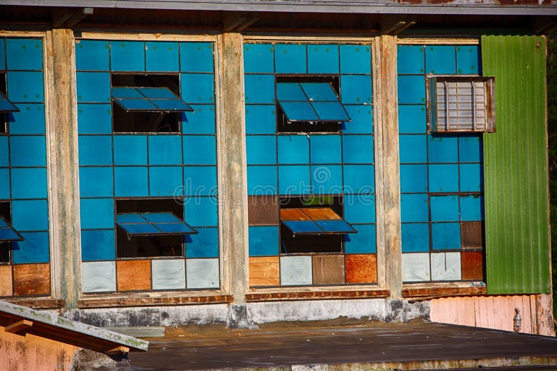 Vintage Blue Windows in Old Mill Stock Image - Image of paint ...