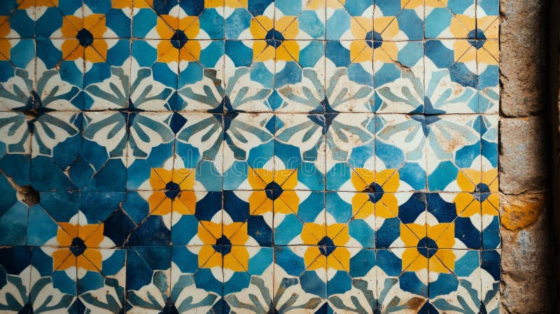 Vintage Blue and Yellow Floral Tile Pattern Stock Illustration ...
