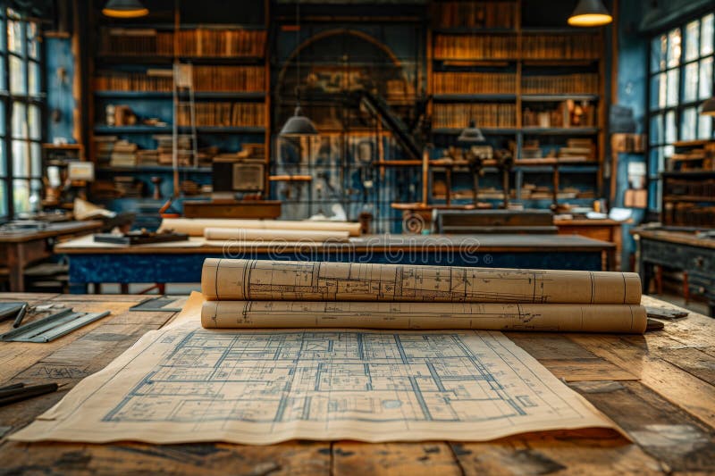 Vintage Blueprint in an Architect S Room Stock Photo - Image of ...