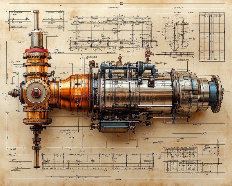 Vintage Blueprint of an Industrial Steam Engine Stock Illustration ...