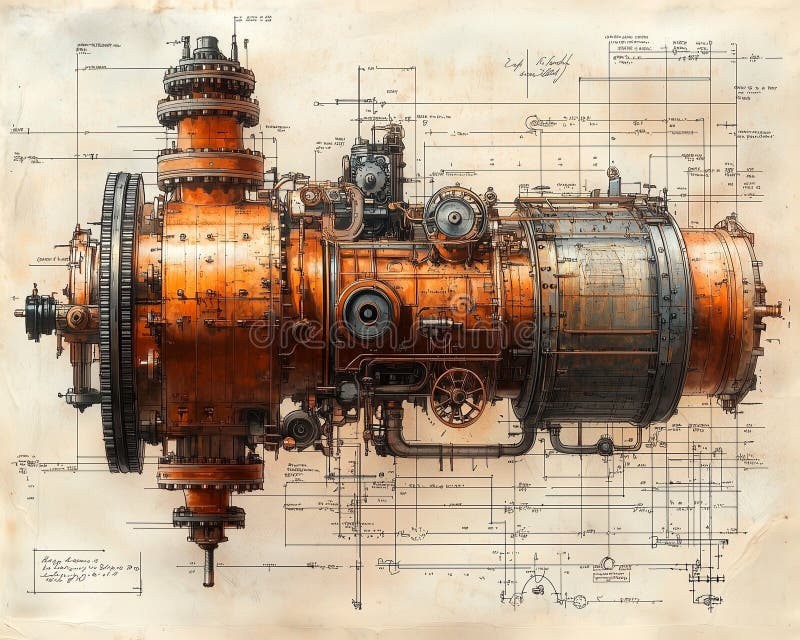 Vintage Blueprint of an Industrial Steam Engine Stock Illustration ...