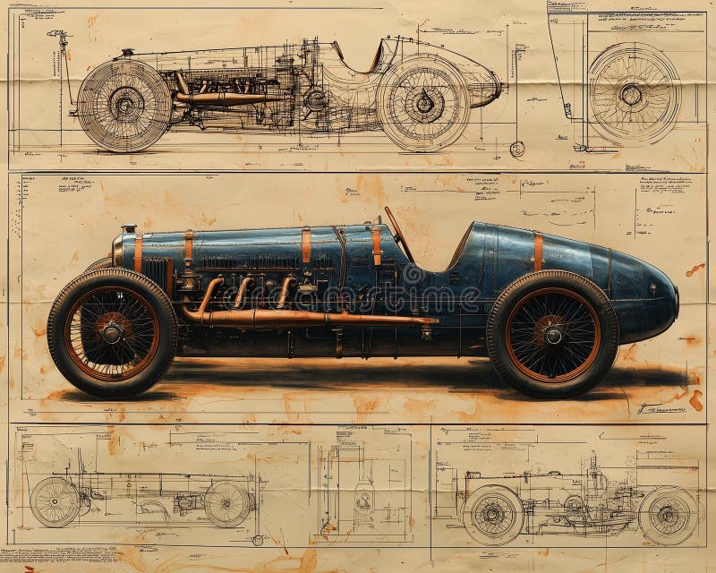 Vintage Blueprint of a 1930s Racing Car Stock Illustration ...