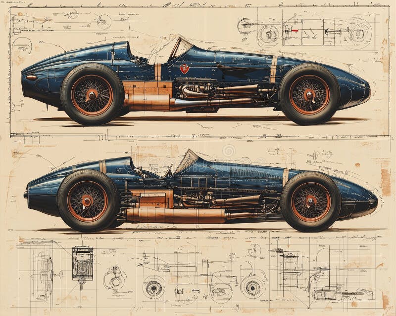 Vintage Blueprint of a 1930s Racing Car Stock Illustration ...