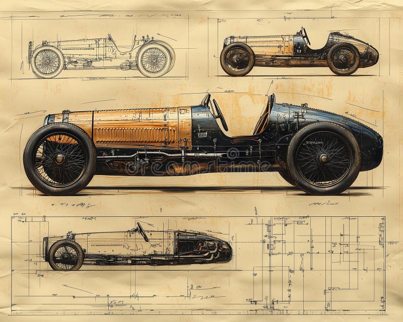 Vintage Blueprint of a 1930s Racing Car Stock Illustration ...