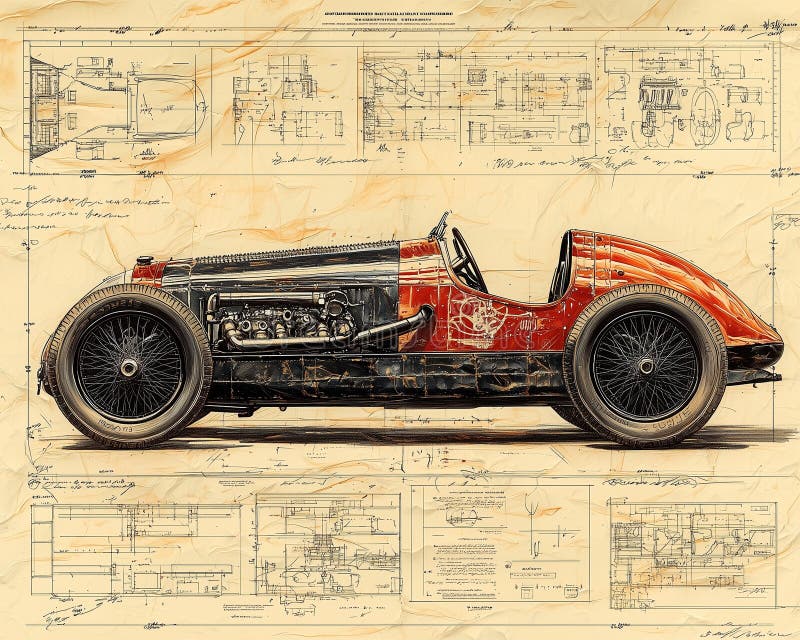 Vintage Blueprint of a 1930s Racing Car Stock Illustration ...
