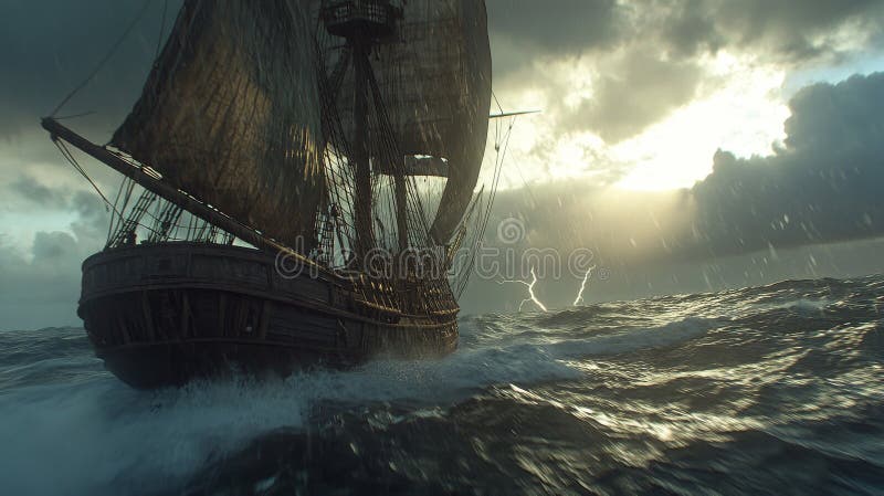 A Vintage Boat Clashes with a Raging Ocean, Hit by a Lightning Bolt ...