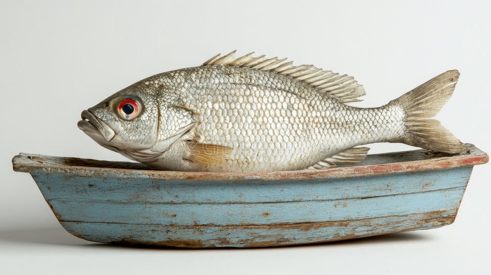 A Vintage Boat is the Setting for a Fish Caught in a Net with Visible ...