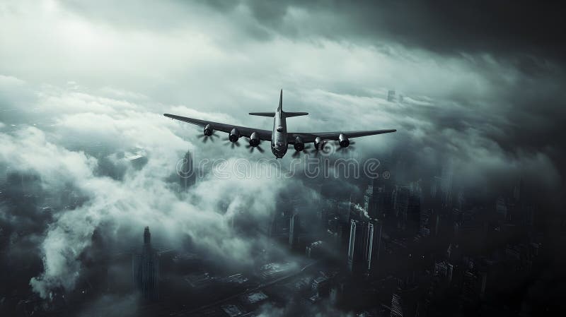 Vintage Bomber Plane Flying through Dramatic Cloudy Skies Over ...
