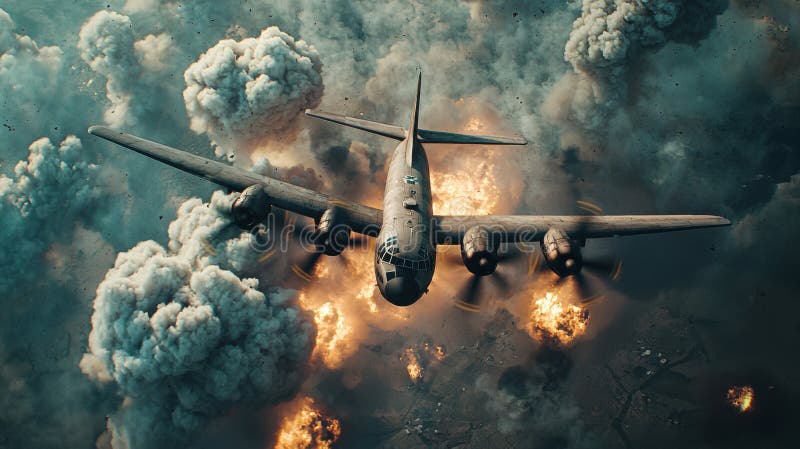 Vintage Bomber Plane Over Explosive Scene in Dramatic Sky Stock ...