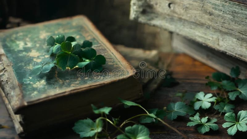 Vintage Book with Clover Leaves in Rustic Setting Stock Video - Video ...